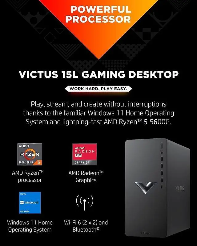 HP Victus 15L Gaming Tower Desktop PC, AMD 6-Core Ryzen 5600G Processor ...