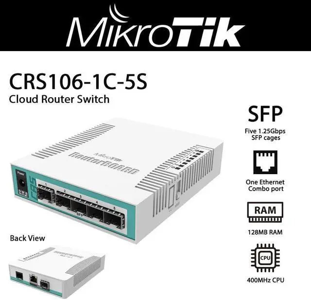 MikroTik - CRS106-1C-5S - Cloud Router Switch 106-1C-5S with QCA8511 400MHz CPU, 128MB RAM, 1x ...