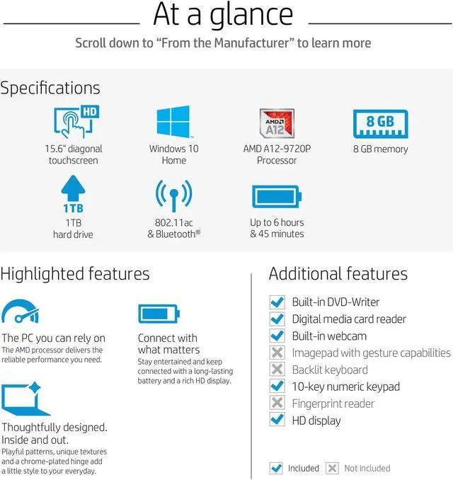 HP Laptop AMD A12-9720P 8GB Memory 1TB HDD AMD Radeon R7 Series 15.6 ...