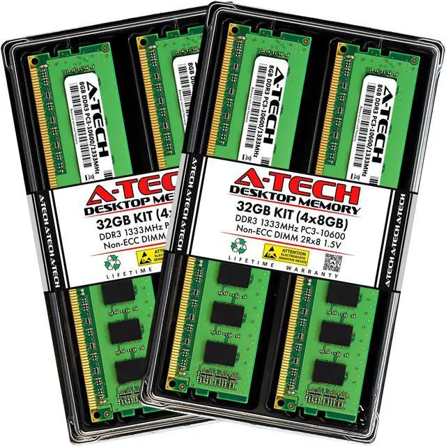 A-Tech 32GB (4x8GB) DDR3 1333MHz DIMM PC3-10600 UDIMM Non-ECC 2Rx8 Dual ...