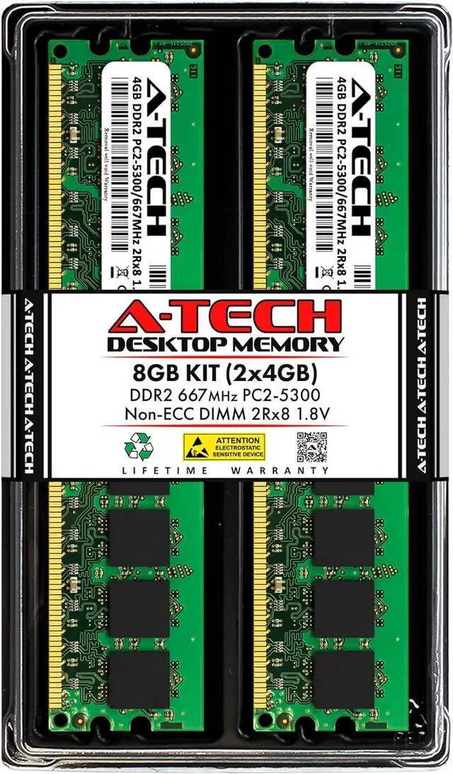 A-Tech 8GB (2x4GB) DDR2 667MHz DIMM PC2-5300 UDIMM Non-ECC 1.8V CL5 240 ...