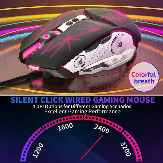 Silent Click Gaming Mouse, USB Wired Computer Mouse with RGB Backlit, 4 ...