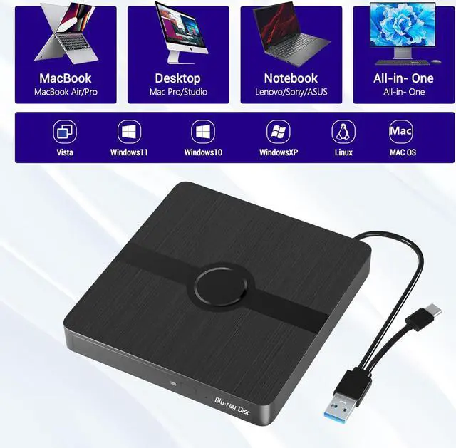 External Blu-ray CD/DVD Drive, BD Player with Read/Write Capability ...