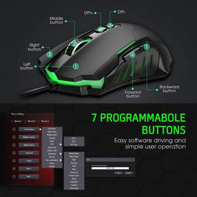 PICTEK Gaming Mouse Wired [7200 DPI] [Programmable] [Breathing Light ...