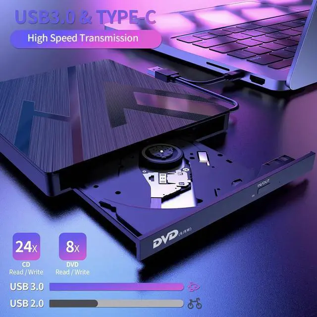 [5 in 1] External CD DVD Drive, USB 3.0 Type C CD/DVD ROM Burner CD DVD ...
