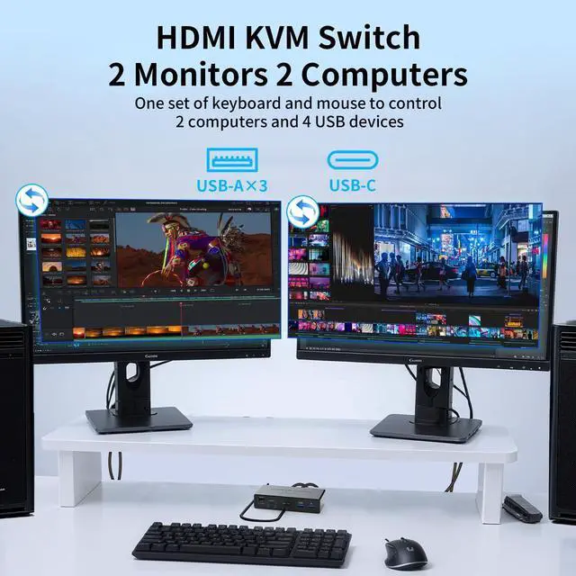 AUTYUE 8K@60Hz HDMI KVM Switch 2 Monitors 2 Computers, Aluminum KVM ...