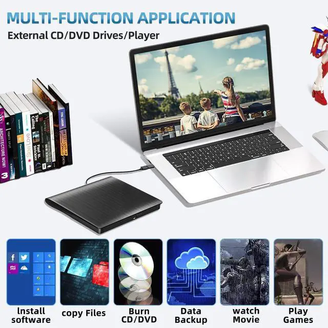 AUTYUE External CD DVD Drive for Laptop, USB 3.0 Type-C CD Burner ...