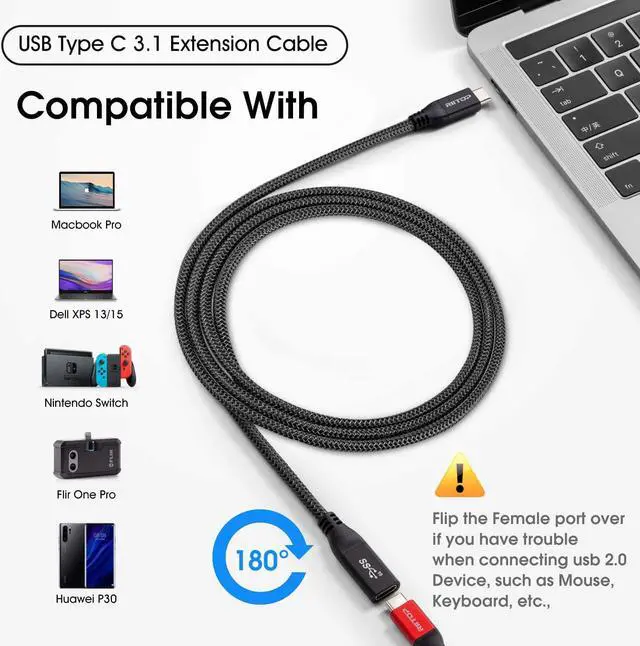 USB Type C Extension Cable 6Ft, 100W PD Fast Charging & 10G Data Sync ...