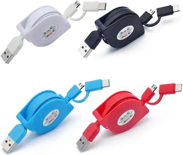 2 in 1 Micro USB & Type-C Retractable Data Charger Cable Cord 1M/3FT ...