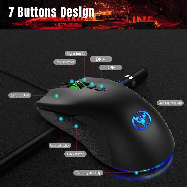 HXSJ A883 USB Wired Gaming Mouse with 7 Macro Programmable Keys, 6400 ...