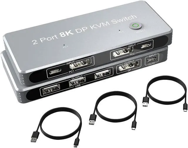 2 Port DisplayPort 1.4 8K KVM Switch DP 2 PC Input 1 DP Output ...