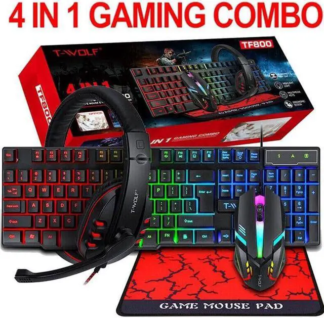 4in1 PC Gaming Keyboard Mouse Headset Set RGB LED Gamer Bundle w/ Mouse ...