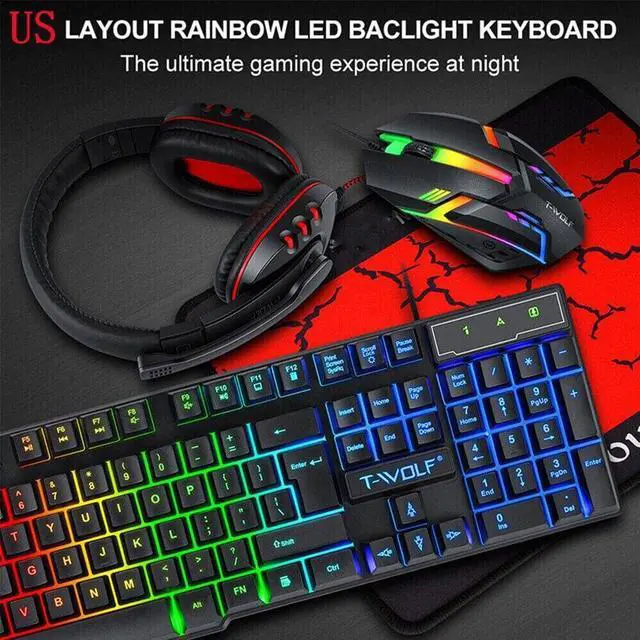 4in1 PC Gaming Keyboard Mouse Headset Set RGB LED Gamer Bundle w/ Mouse ...