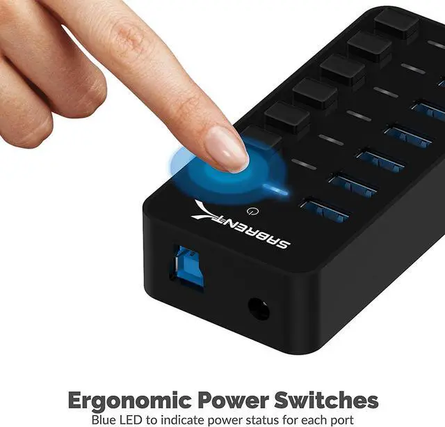 SABRENT USB hub 3.2x1 with Power Adapter 36W, 7 Port usb3 Fast Powered ...