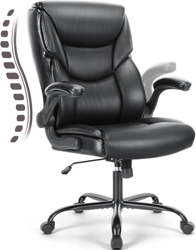 Leather Office Chair with Flip Up Arms Executive High Back Big and Tall Desk Chairs with Ergonomic Lumbar Support Adjustable Height Wheels Soft Padded Black Newegg