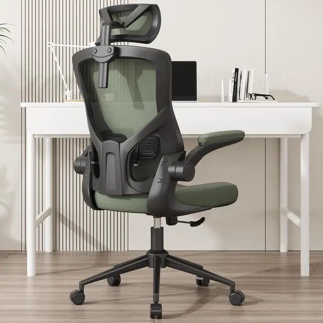 Ergonomic Mesh Desk Chair High Back Computer Chair Adjustable Headrest with Flip Up Arms Lumbar Support Swivel Executive Task Chair Hunter Green