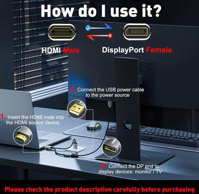 Active HDMI to DisplayPort Adapter (4K@60Hz) Uni-Directional HDMI ...