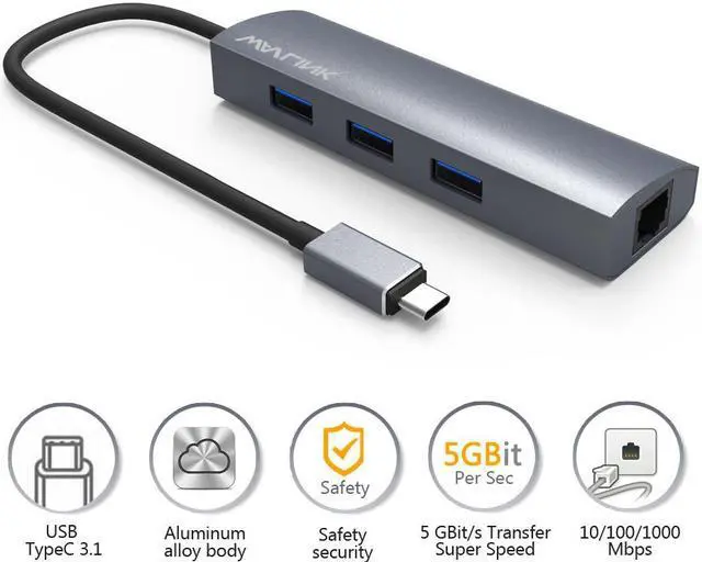 USB C to 3 Port USB 3.0 Hub with Gigabit Ethernet Adapter, Aluminum ...