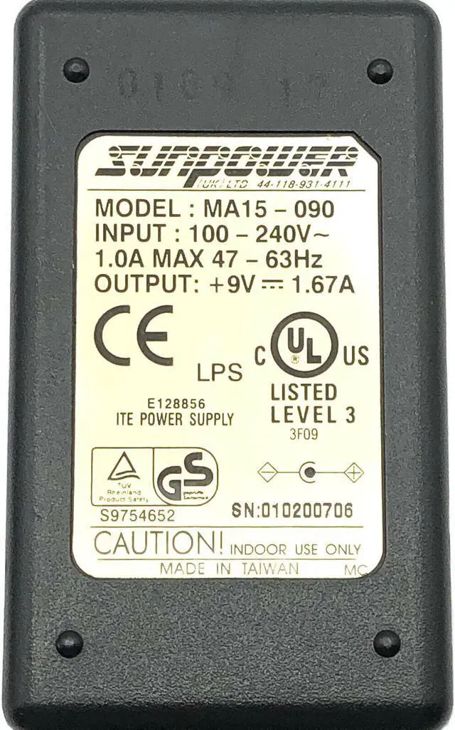 Refurbished: Genuine Sunpower MA15-090 AC/DC Power Supply Adapter 9V 1 ...