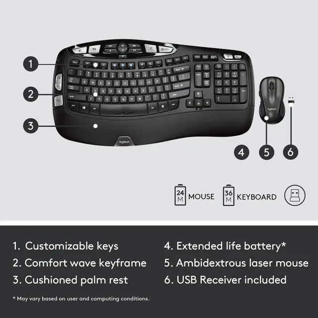 Logitech Mk550 Wireless Wave Keyboard And Mouse Combo Ergonomic Wave Design Black