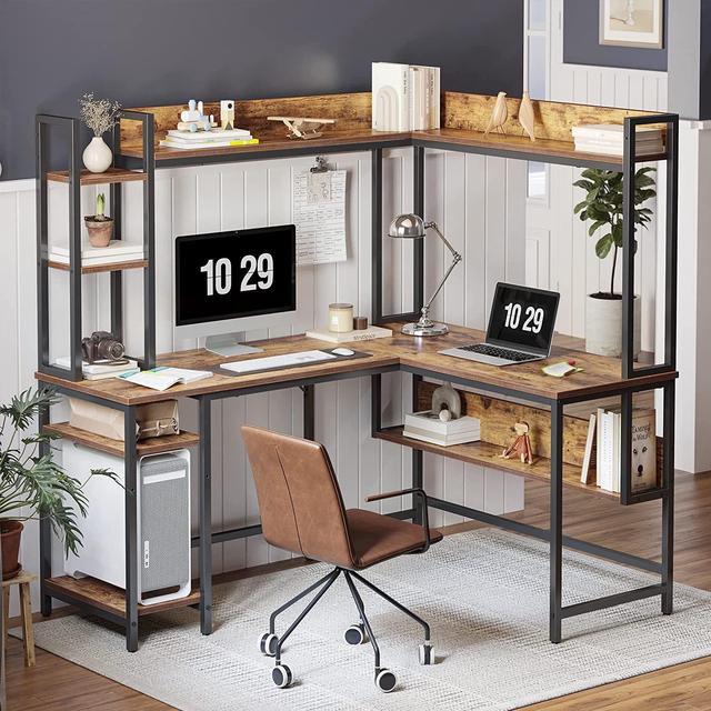 CubiCubi L Shaped Gaming Desk with Hutch 60 Corner Computer Desk with Storage Shelves Large Home Office Desk with Bookshelf Space Saving Rustic Brown Newegg
