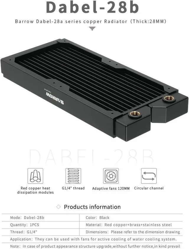 Barrow 240mm Copper Radiator With 28mm Thick G1/4" Thread, Black High ...