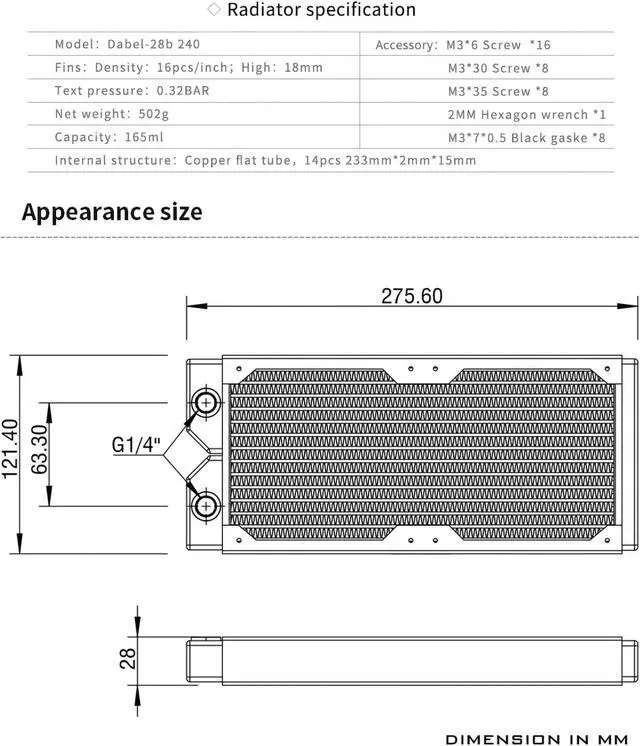 Barrow 240mm Copper Radiator With 28mm Thick G1/4" Thread, Black High ...