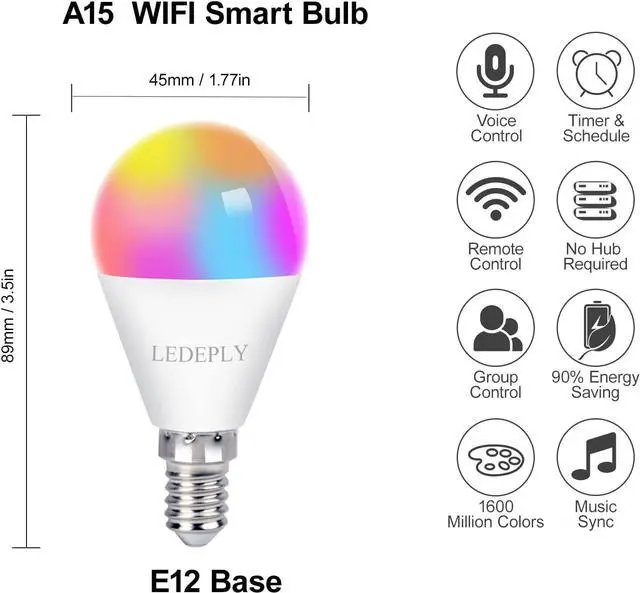 A15 LED Smart Bulb, 5W=40W,Compatible with Alexa, Google Assistant, E12 ...