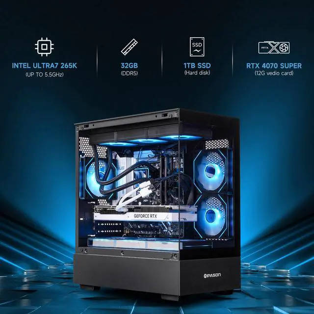 IPASON Gaming Desktop, intel U7 265K, NVIDIA RTX4070 Super, 32GB DDR5 RAM, 1TB M2 NVMe, Z890M ...