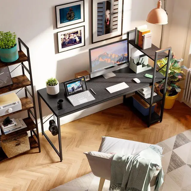 Bestier 63 Inch Computer Desk with Storage Shelves, Modern Bookshelf ...