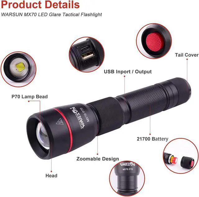 WARSUN Flashlights Rechargeable Tactical LED High Lumens Flashlight ...