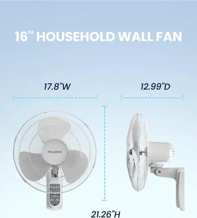 PELONIS 16 Wall Mount Fan 3 Speed Settings Oscillating Fan with Remote ...