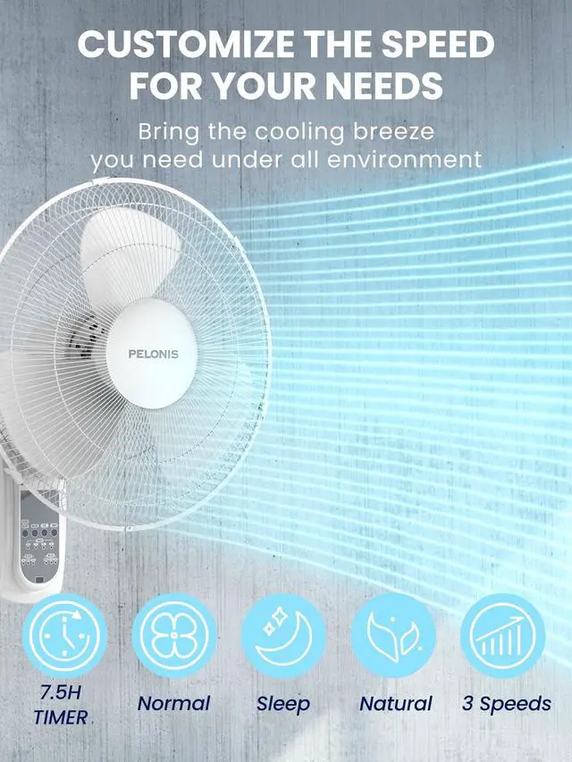 PELONIS 16 Wall Mount Fan 3 Speed Settings Oscillating Fan with Remote ...