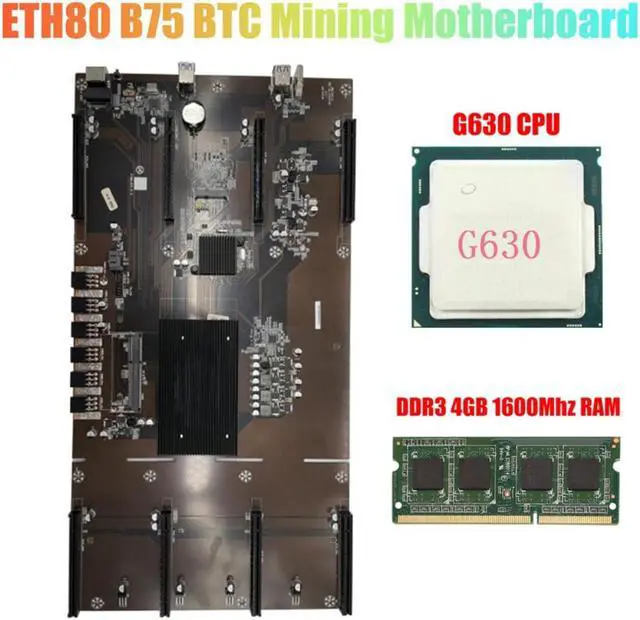 ETH80 B75 BTC Miner Motherboard+DDR3 4G 1600Mhz RAM+G630 CPU 8XPCIE 16X ...