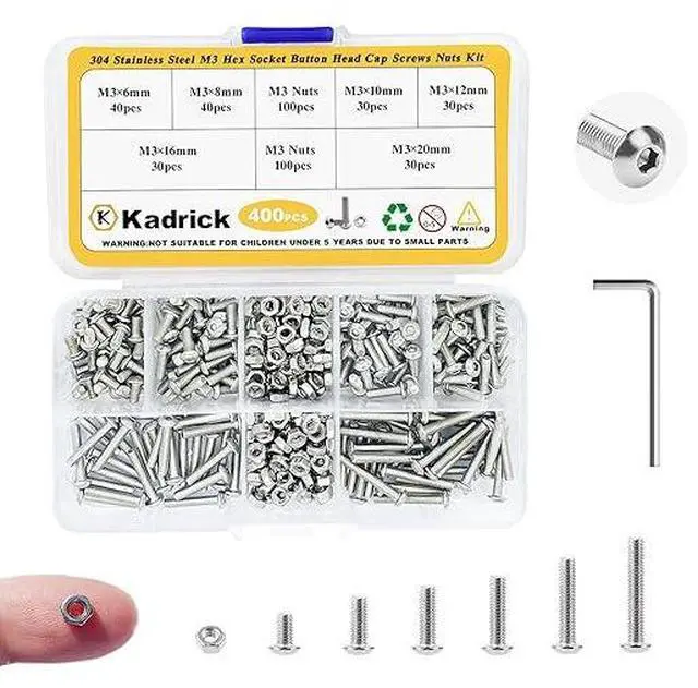 Kadrick 400Pcs Button Head Socket Cap M3 Screws Bolts Nuts Assortment ...