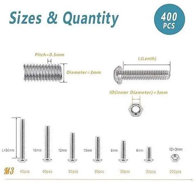 Kadrick 400Pcs Button Head Socket Cap M3 Screws Bolts Nuts Assortment ...