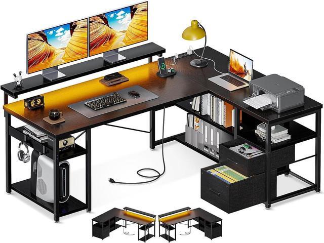 ODK L Shaped Gaming Desk with File Drawers Reversible Computer Desk with Power Outlets LED Lights Home Office Desk with Storage Shelves 53 Inch