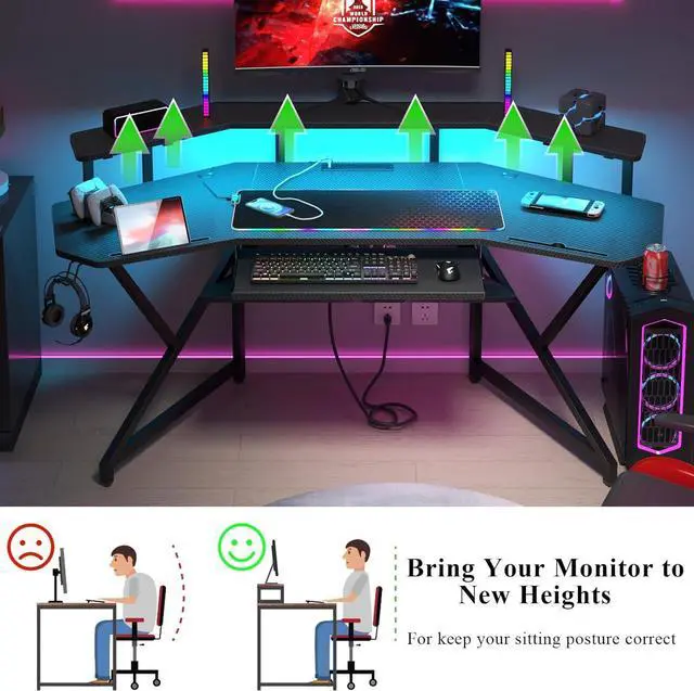 72" Gaming Desk with Power Outlet & Led Strip, Large Wing-Shaped ...