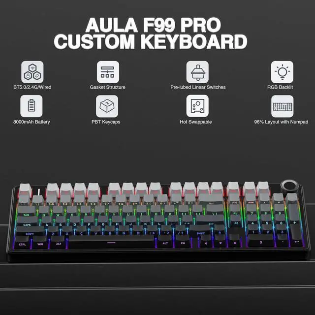 AULA F99 Pro Wireless Mechanical Keyboard with Knob,Tri-Mode BT5.0/USB-C/2.4GHz Hot Swappable ...
