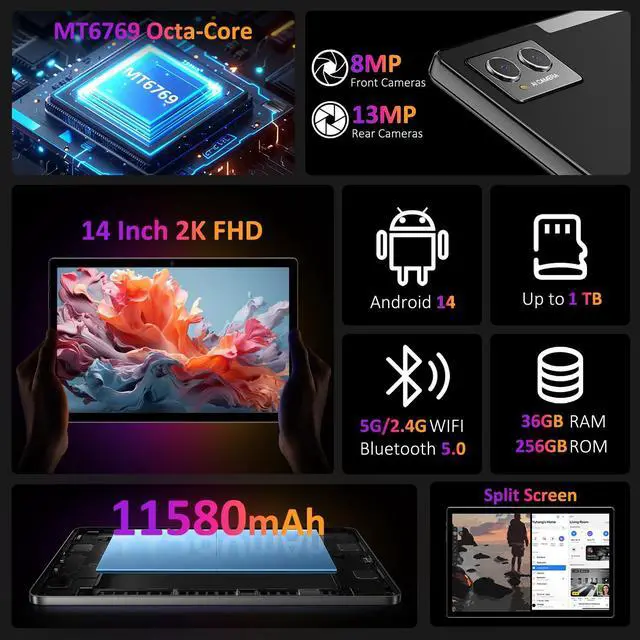 POWMUS Tablets 2025 14 inch Android 14 Tablet, 36GB RAM, 256GB Storage ...