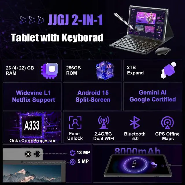 JJGJ 2026 Android 15 Tablet 10 Inch, 26GB+256GB+2TB Expand, 2 in 1 ...