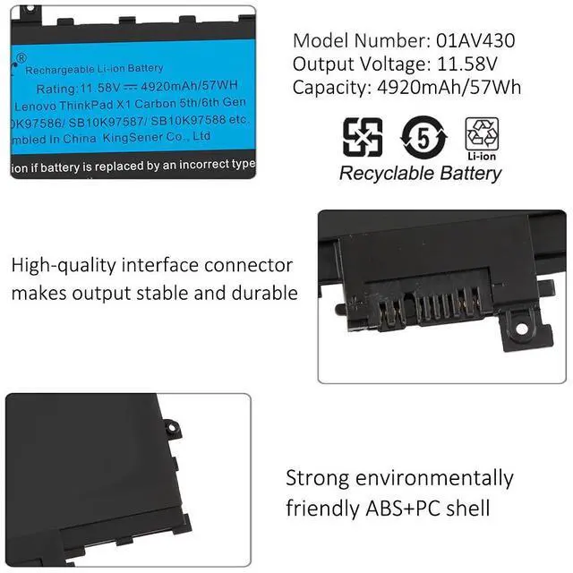 Kingsener 01AV494 01AV430 4.92Ah Laptop Battery For Lenovo Thinkpad X1 ...