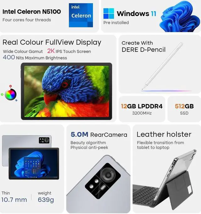 DERE T11 Laptop 11-inch Touch Screen Ultra HD 2K IPS Intel Celeron ...