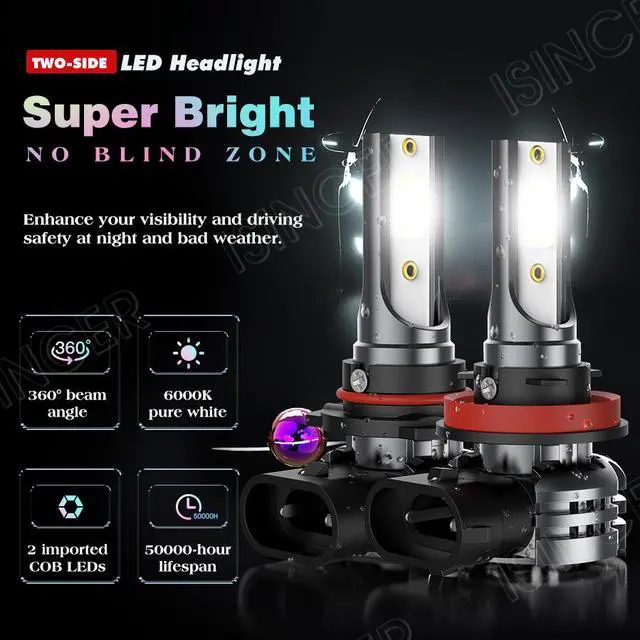 ISINCER 4 x 9005+H11 LED Headlight Combo High Low Beam Bulbs Kit Super White Bright Lamps 6000K ...