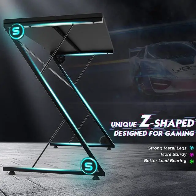 Gaming Desk, Z-Shaped Computer Desk PC Gaming Table, Black Gaming Desk ...