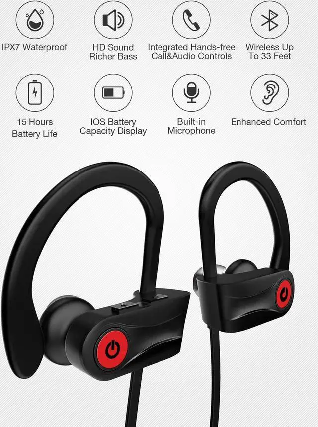 Wireless Sport Earphones, HiFi Bass Stereo Sweatproof Earbuds w/Mic ...