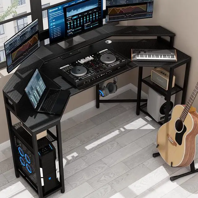 Computer Desk with Power Outlet & Led Light, 63" Large Wing-Shaped ...