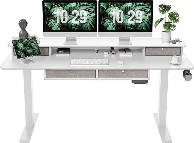 Sturdy Height Adjustable Electric Standing Desk with Drawers 63 x 24 Inch Stand Up Table with Large Storage Shelf Sit Stand Desk White Top Newegg