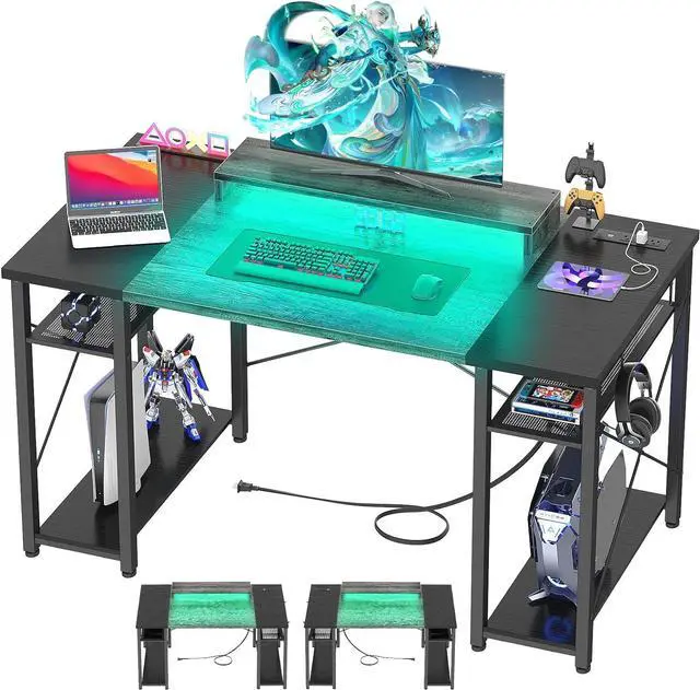 48 Gaming Desk with LED Light Large Computer Desk with Charging Station Home Office Desk with Monitor Stand Power Outlet and USB LED Light and