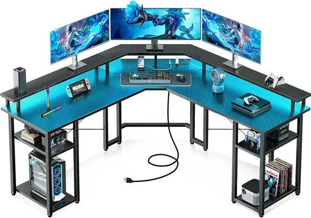 56 L Shaped Gaming Desk with LED Lights Power Outlets Reversible Computer Desk with Full Monitor Stand Storage Shelves Ergonomic Home Office